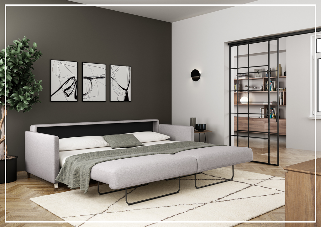 Luonto Elfin Fabric Sleeper Sofa with Chrome or Walnut Leg Finish – SOFABED